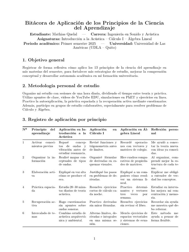Bitácora Plan de Estudio Mathias Quelal | PDF | Acústica | Metacognición