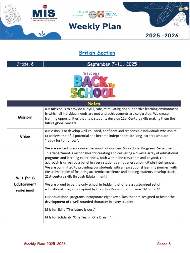 Grade 8 Weekly Plan 2025-2026 | PDF | Learning | Education Theory