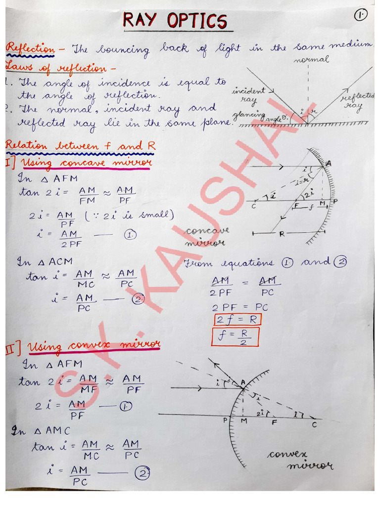 Ray Optics and Optical Insturment Hand Written Notes | PDF