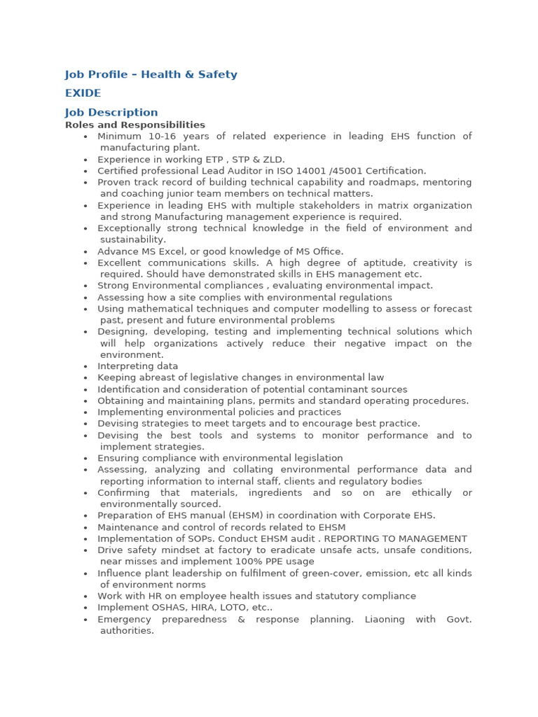 Health & Safety Profile For Resume Detailing | PDF | Occupational ...