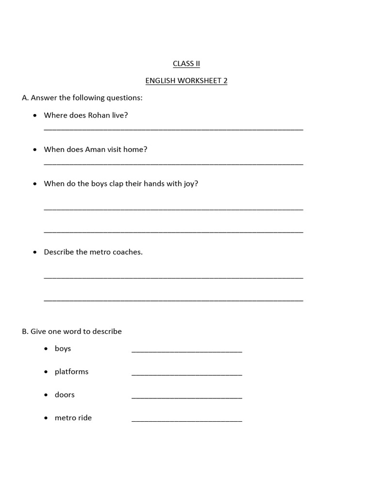 Class II English Worksheet 2 Activities | PDF