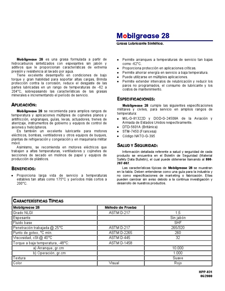 Mobil Grease 28 | PDF | Lubricante | Aeroespacial