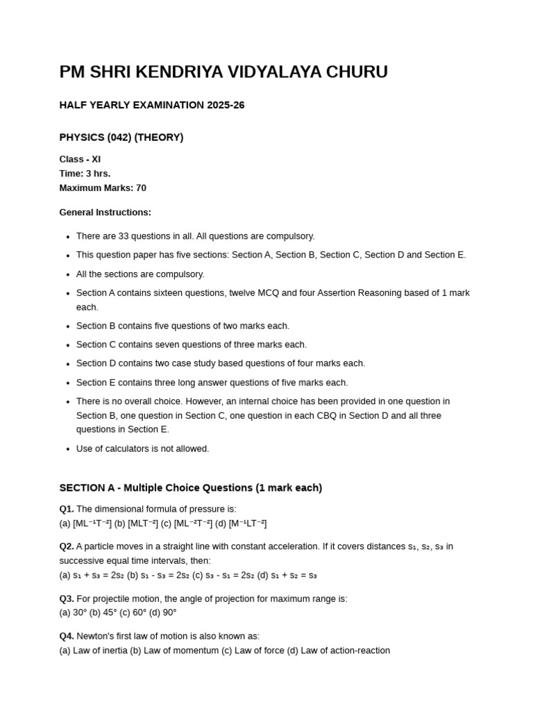 Physics Half Yearly Exam 2025-26 | PDF | Force | Momentum