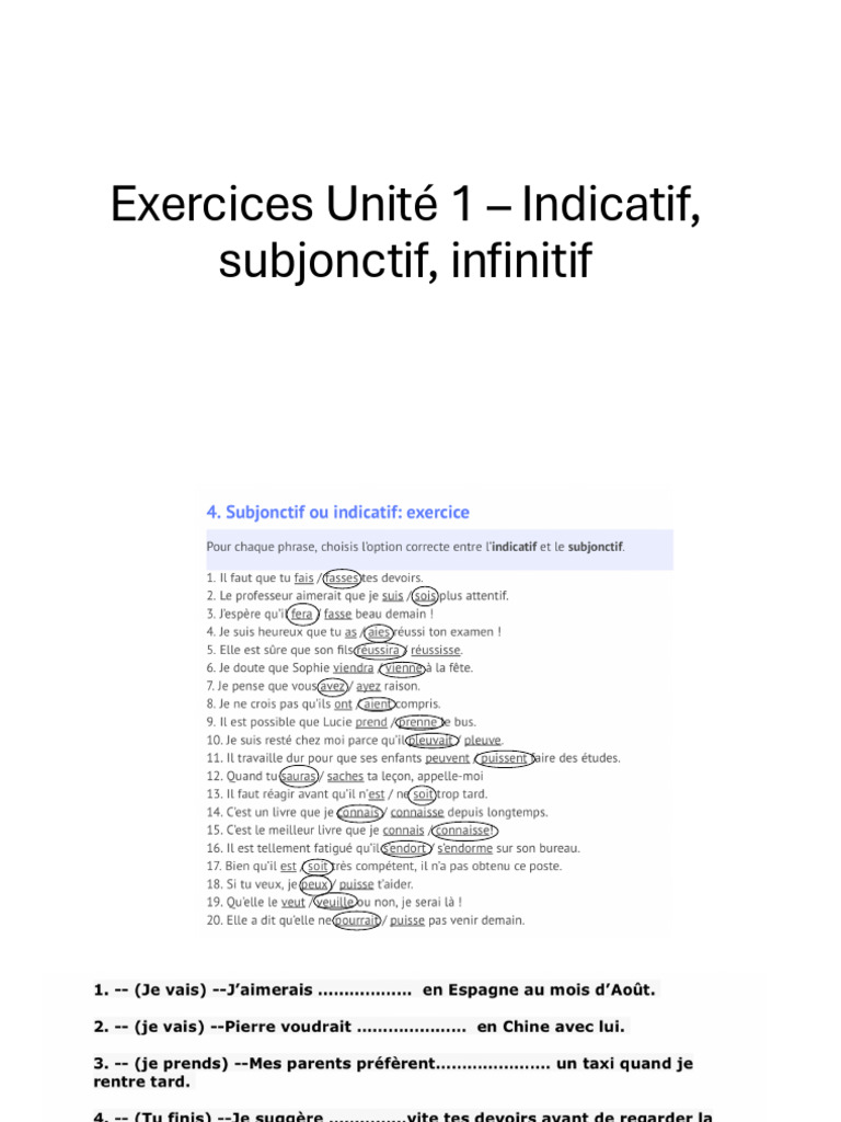 Exercices Unité 1 - Indicatif, Subjonctif, Infinitif | PDF