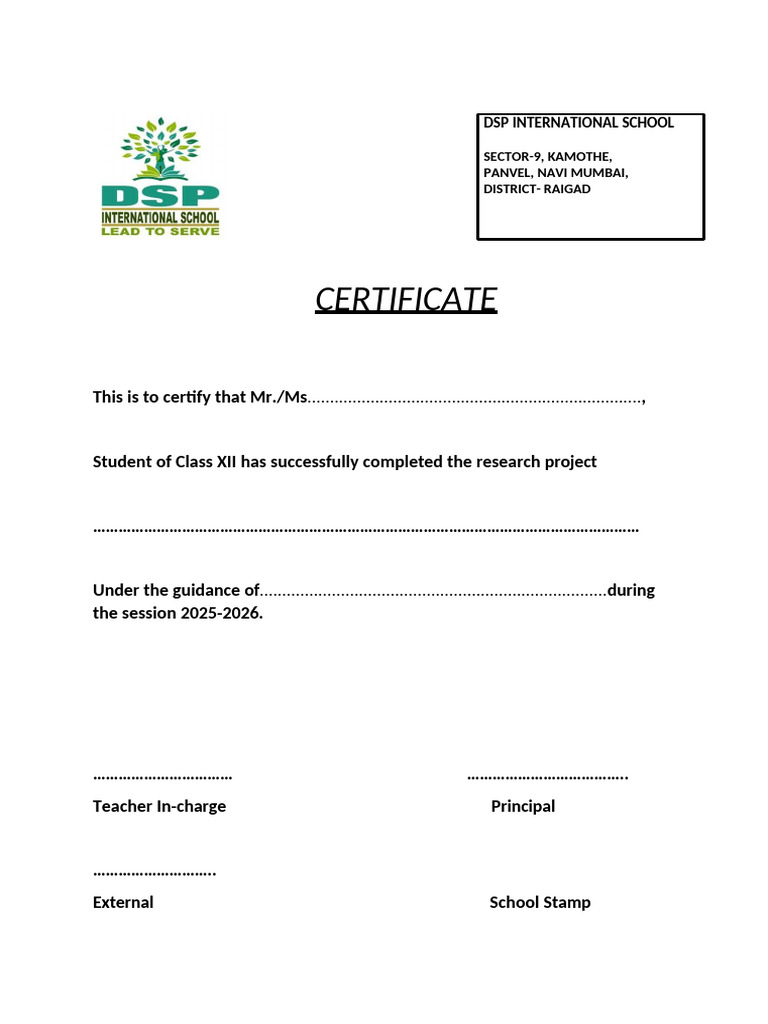 Class XII Research Project Certificate | PDF