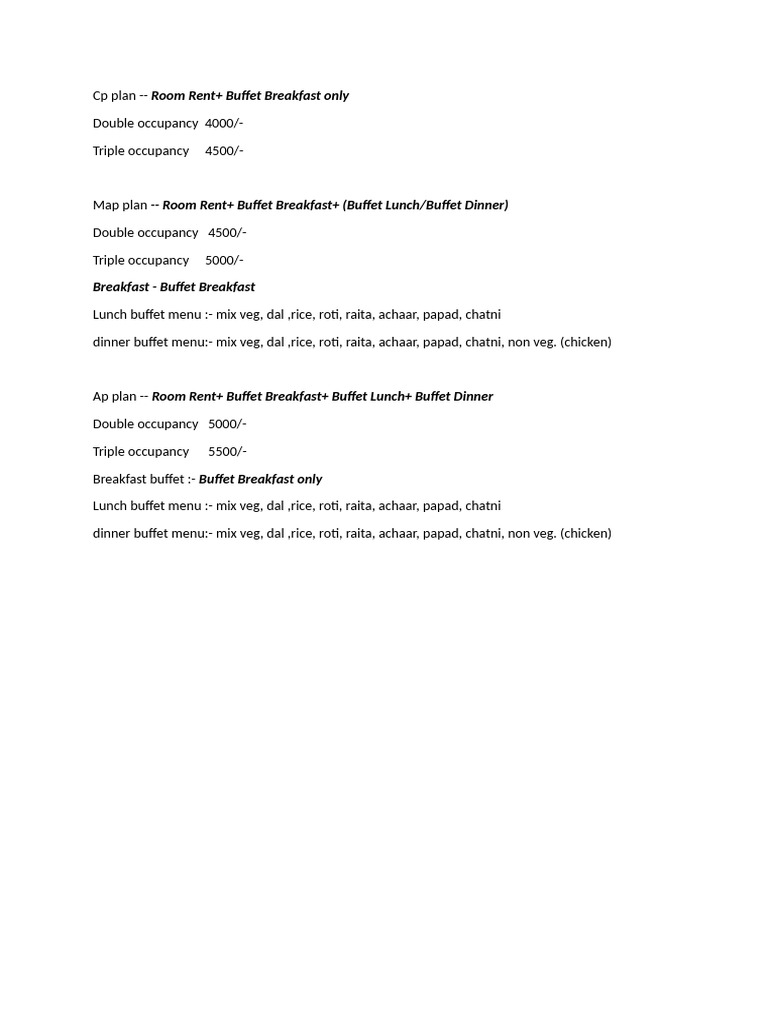 Room Rent+ Buffet Breakfast Only | PDF