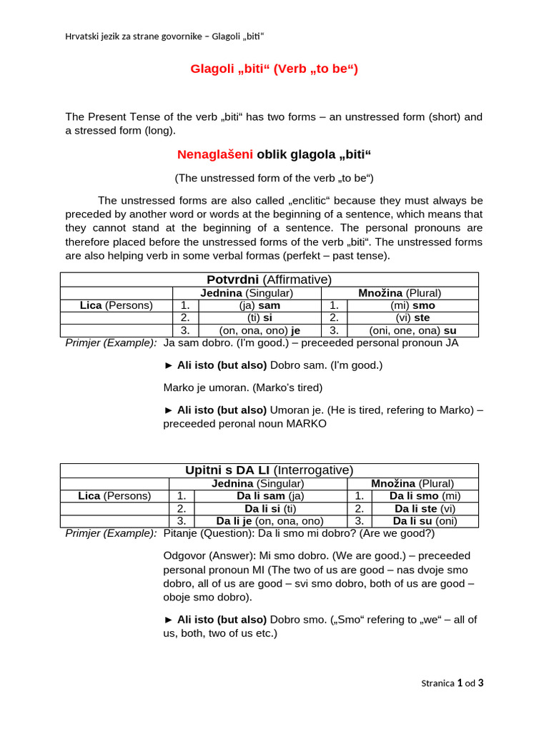 Glagol "biti" u hrvatskom jeziku | PDF | Language Mechanics | Grammar