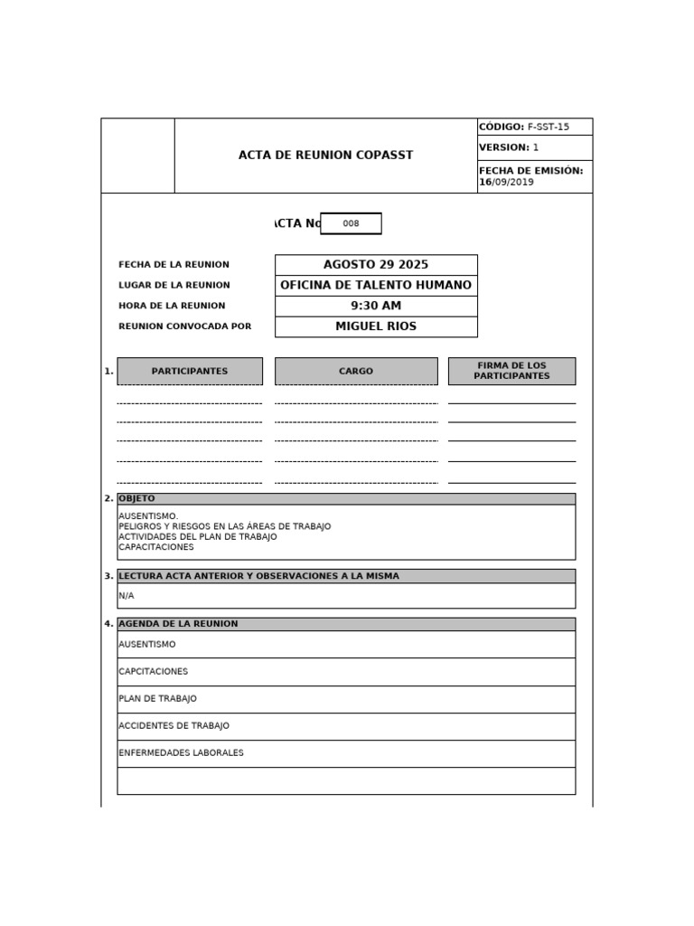 Acta Reunión COPASST - Agosto 2025 | PDF