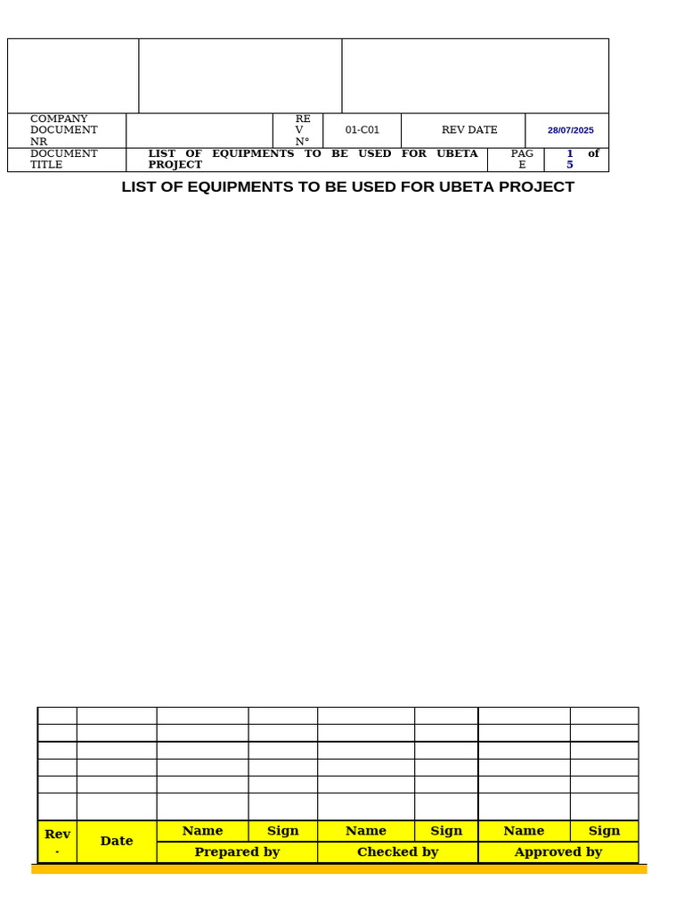 Equipment List for Ubeta Project | PDF