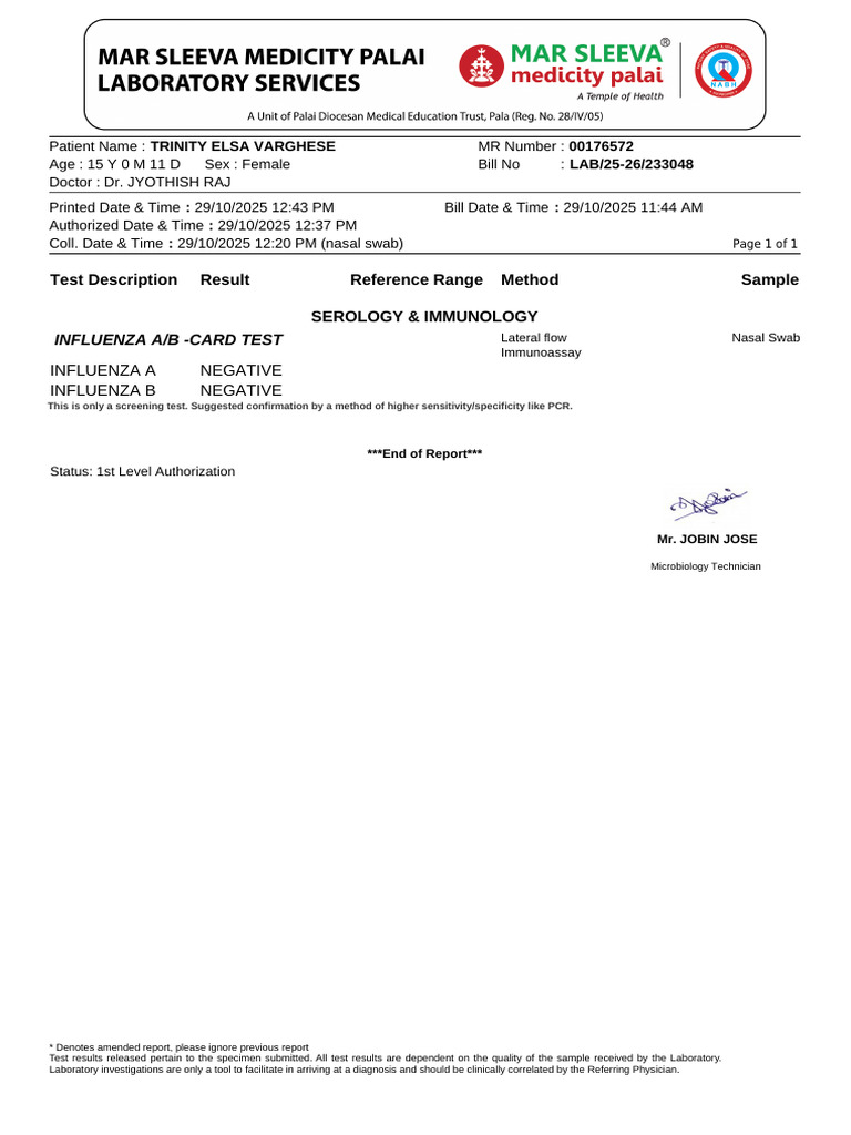 Test Description Result Reference Range Method Sample Serology ...