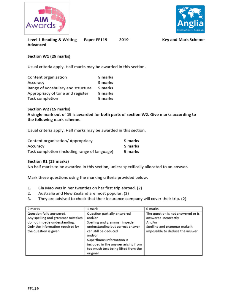 Level 1 Advanced Reading & Writing Marking Guide | PDF | Linguistics