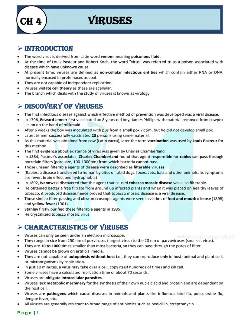 Accelular Life (Viruses) For Entry Test | PDF