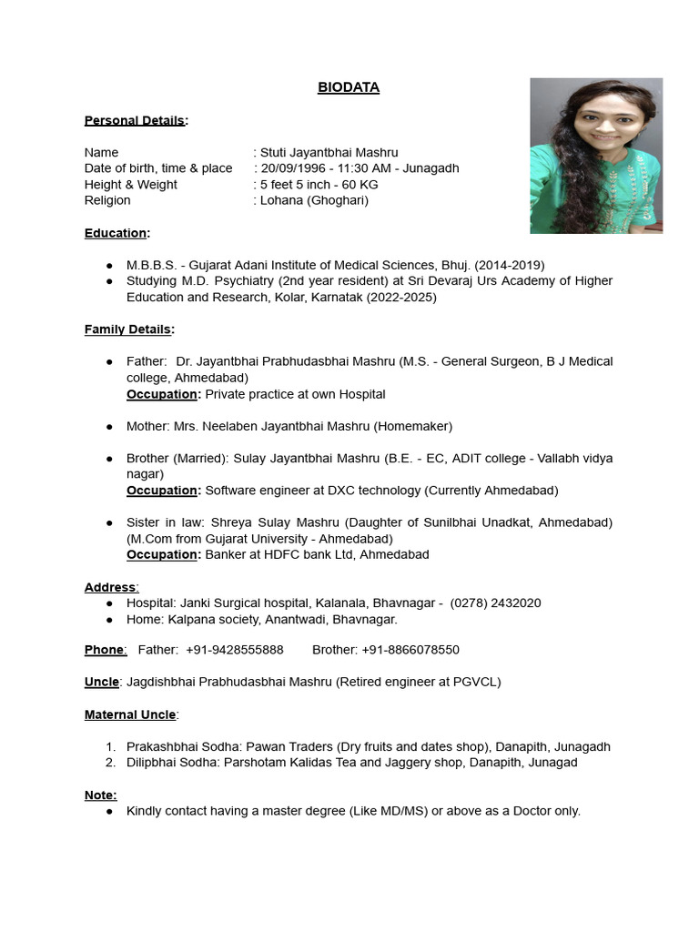 Stuti Mashru: M.B.B.S. & M.D. Psychiatry Bio | PDF