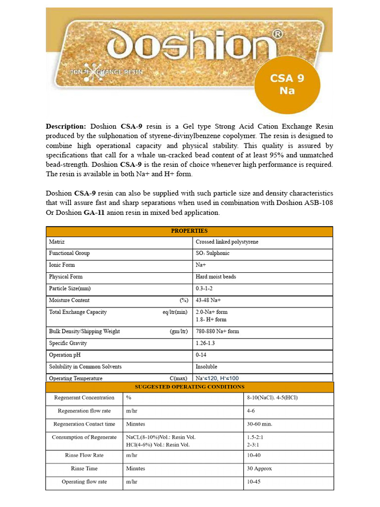 Doshion CSA-9 Strong Acid Cation Resin | PDF