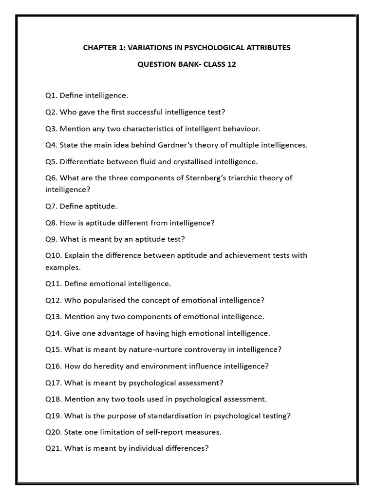 Chapter 1: Variations in Psychological Attributes Question Bank-Class ...