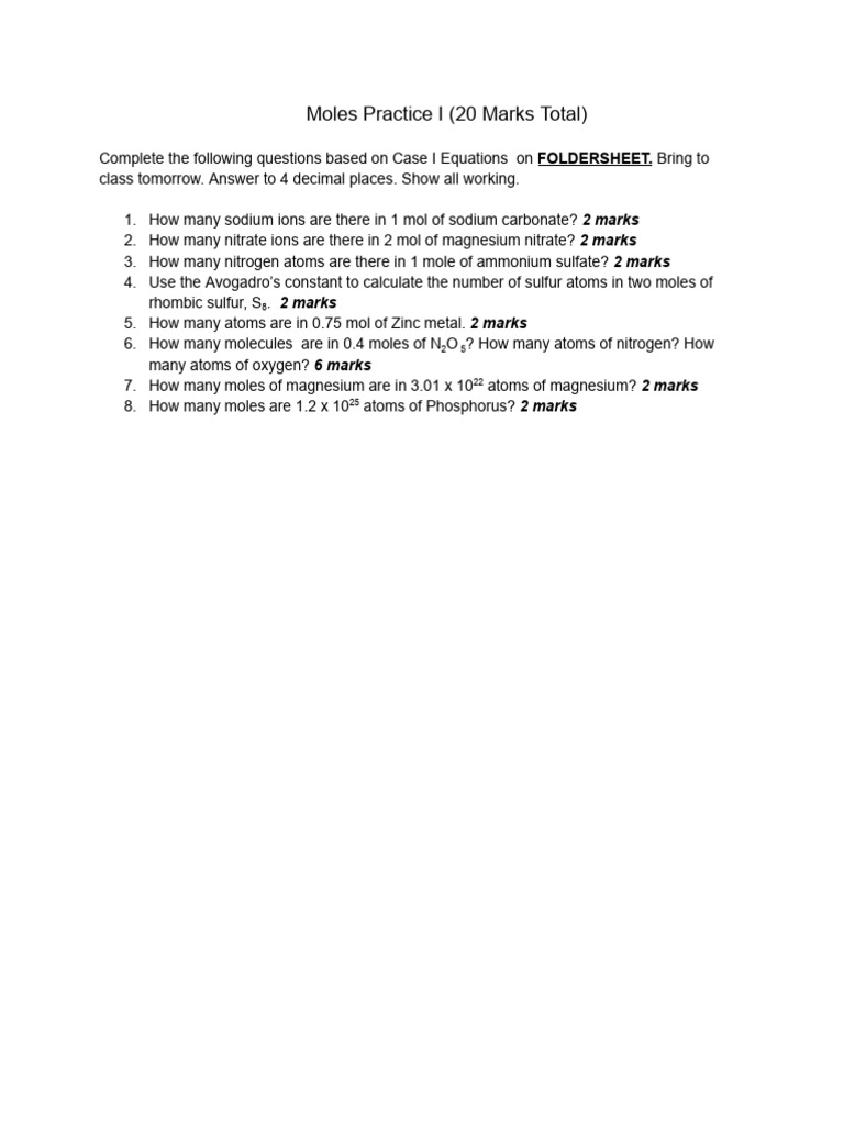 Moles Practice Questions for Chemistry | PDF