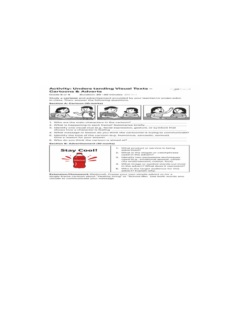 Visual Texts Cartoon and Advert Activity | PDF