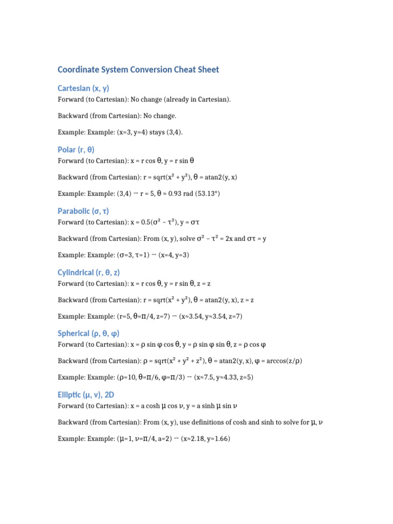 Coordinate System Cheat Sheet | PDF