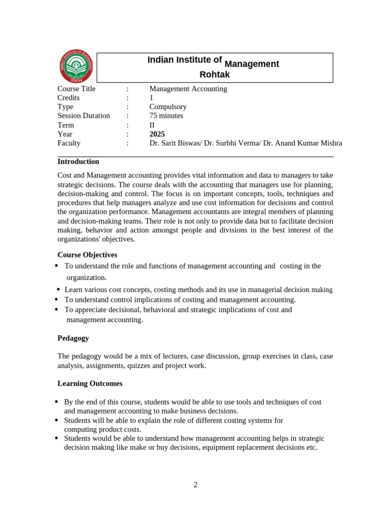 Course Outline - MANAC - 2025 | PDF | Management Accounting | Academic Dishonesty