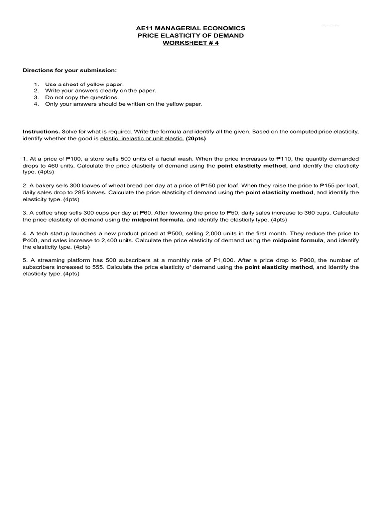AE11 Worksheet 4 Price Elasticity | PDF