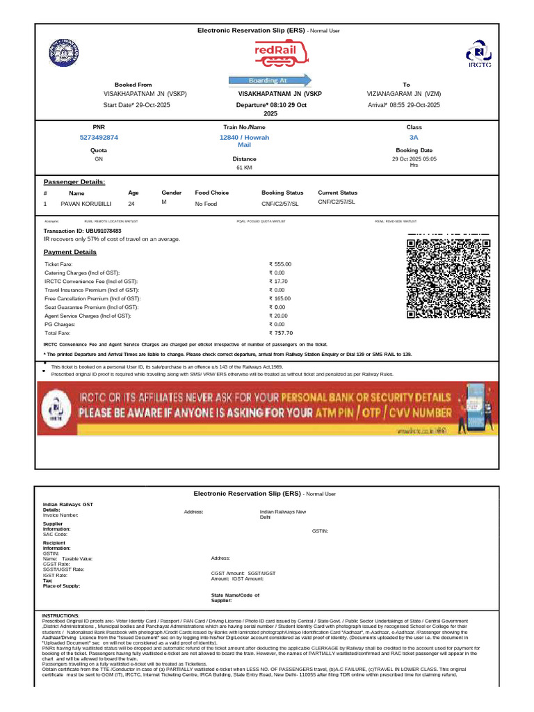 Train Ticket From VSKP TO VZM | PDF | Identity Document | Payments
