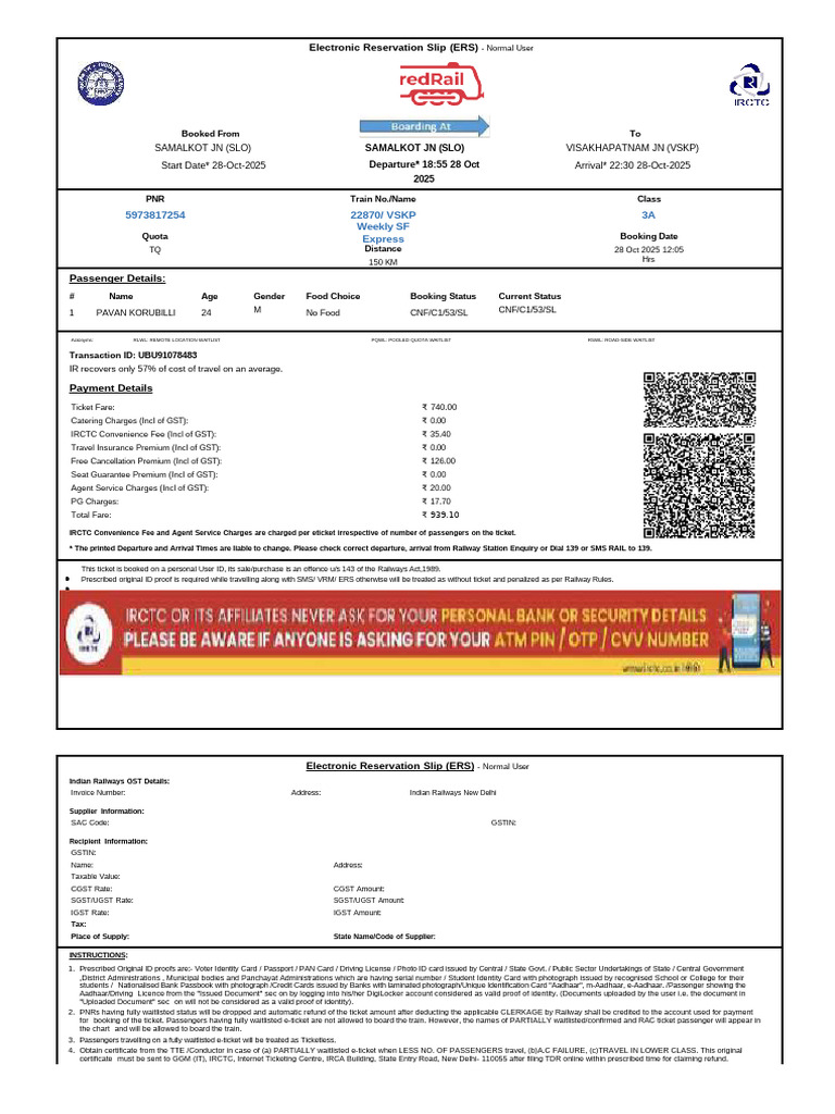 Train Ticket From SLO To VSKP | PDF | Identity Document | Payments