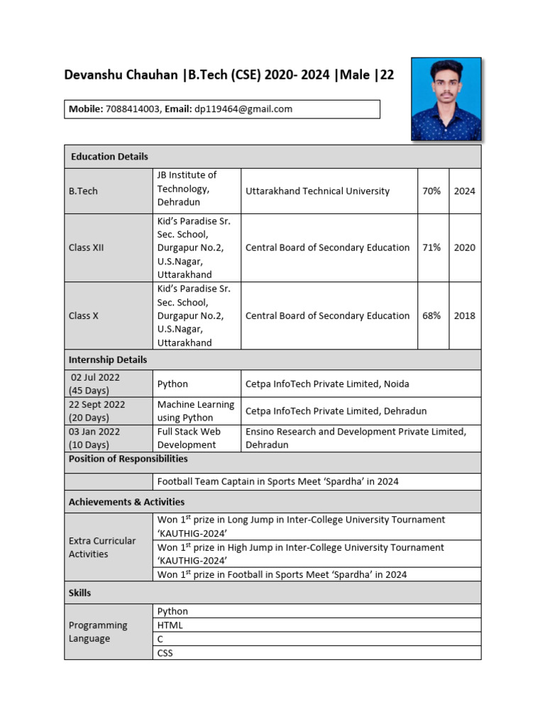 B.Tech Student Profile: Devanshu Chauhan | PDF