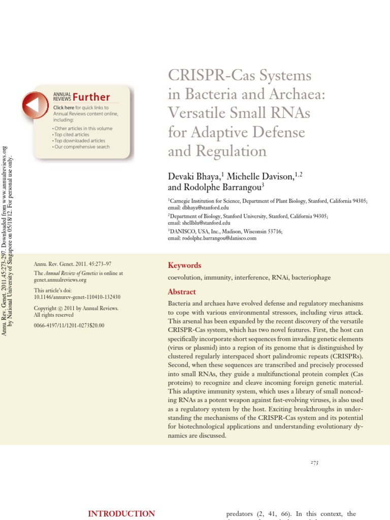 Crispr-Cas Systems in Bacteria and Archaea: Versatile Small Rnas For ...