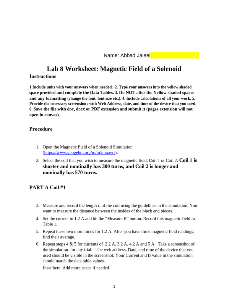 Magnetic Field of a Solenoid Lab Worksheet | PDF