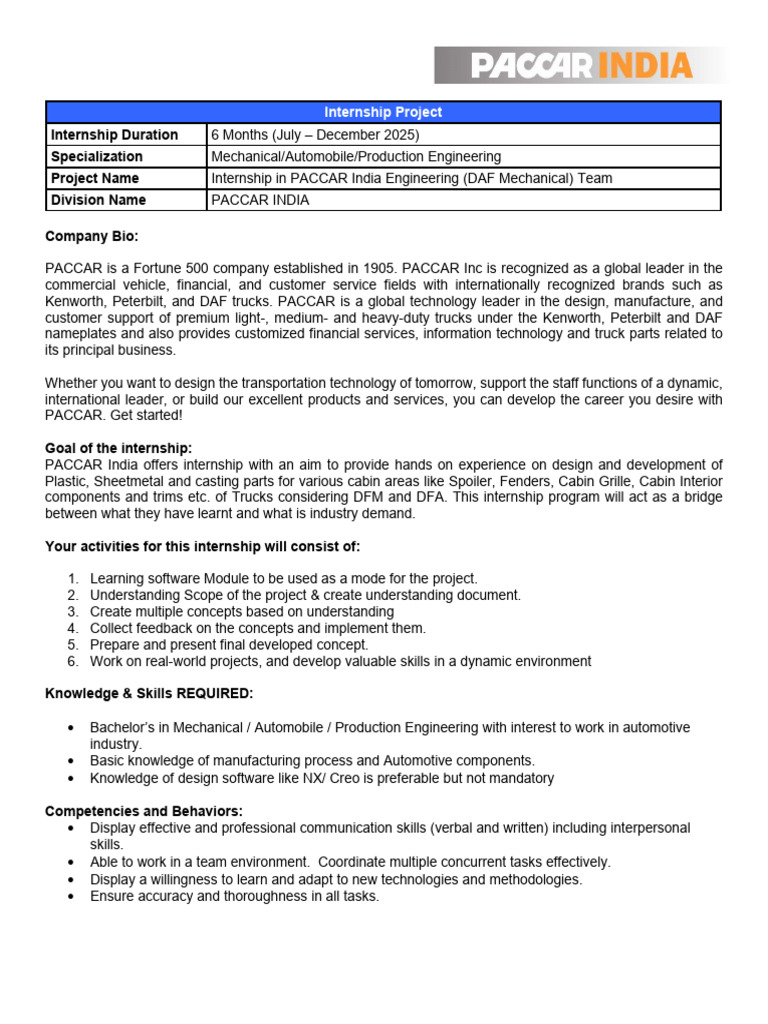 Job Description - Internship - PACCAR Engineering (Mechanical) Team | PDF