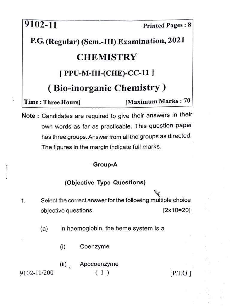Bio-Inorganic Chemistry Exam Paper 2021 | PDF | Cofactor (Biochemistry ...