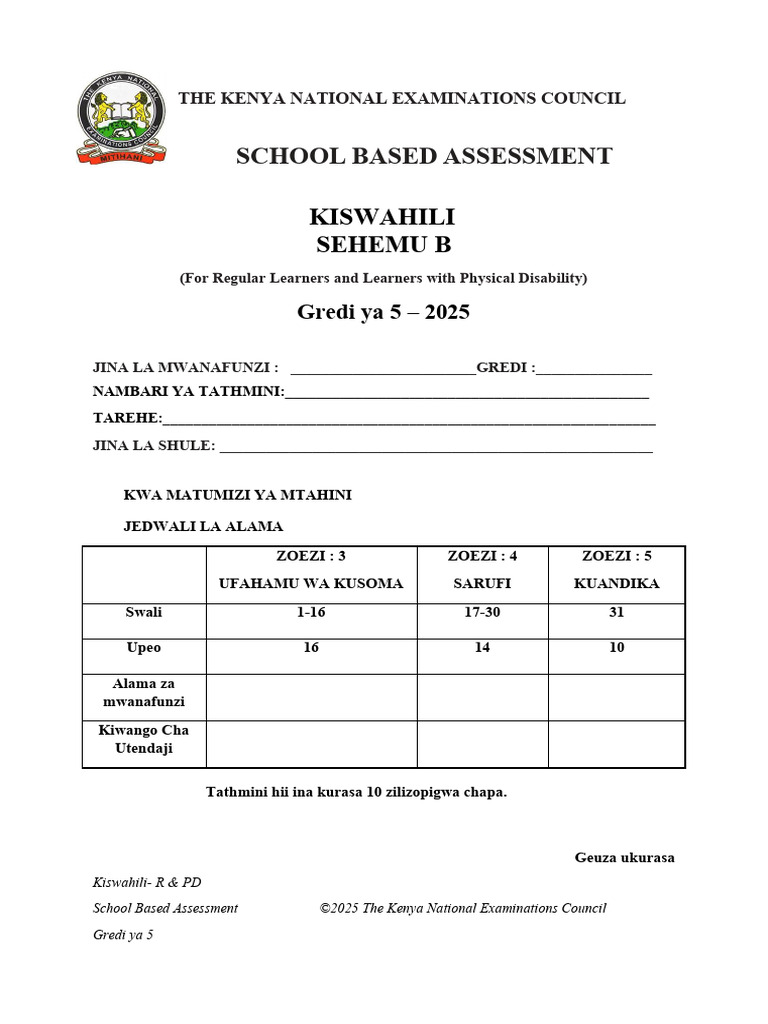 Grade 5 Kisw Sehemu B Question Paper For Regular & PD | PDF
