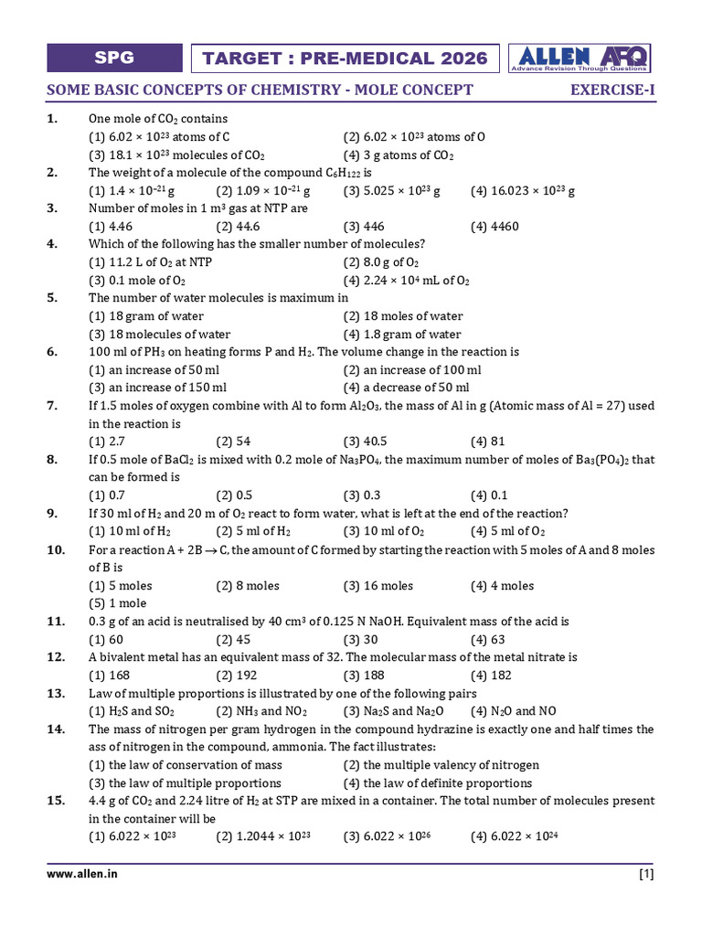 Some Basic Concepts of Chemistry - Mole Concept (Q.) - 093940 | PDF ...