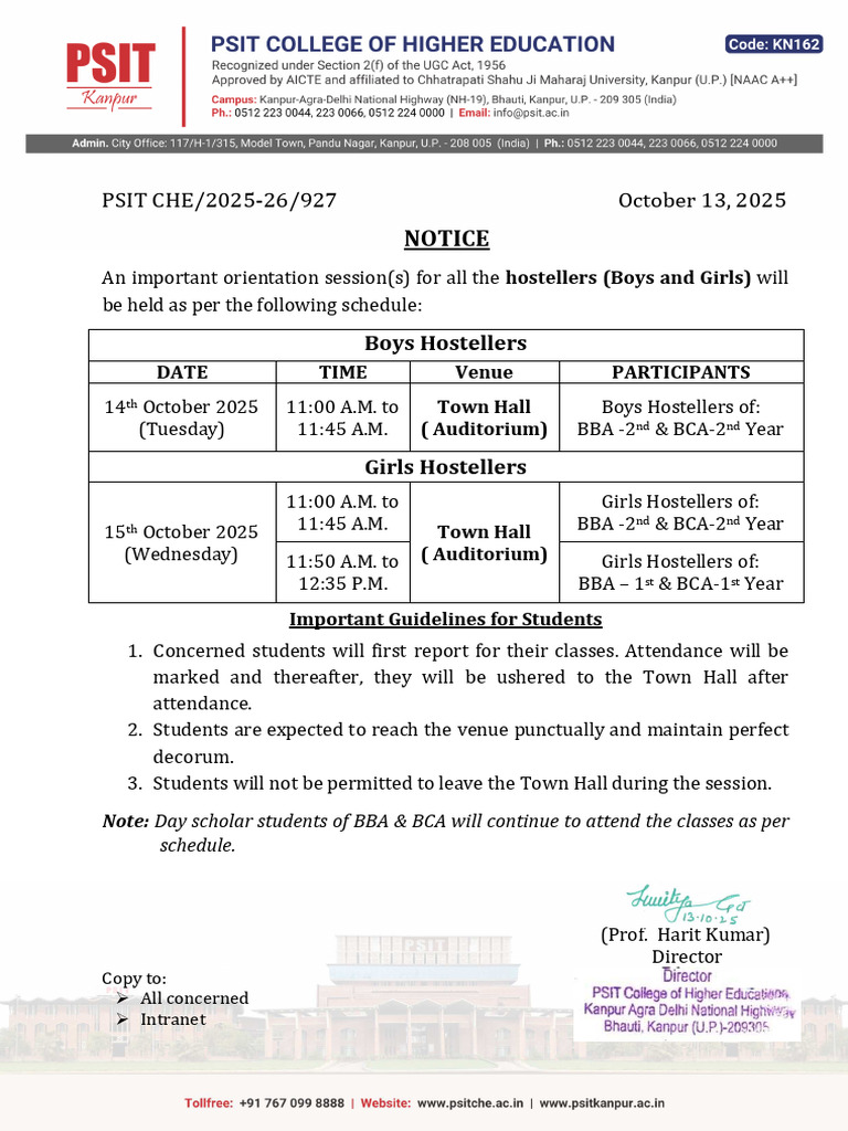 Orientation Session(s) For Hostellers (Boys and Girls) Students | PDF