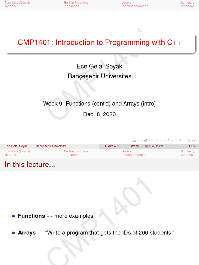 Week9 Functions (Contd) Arrays | PDF | Computer Programming | Computer Engineering