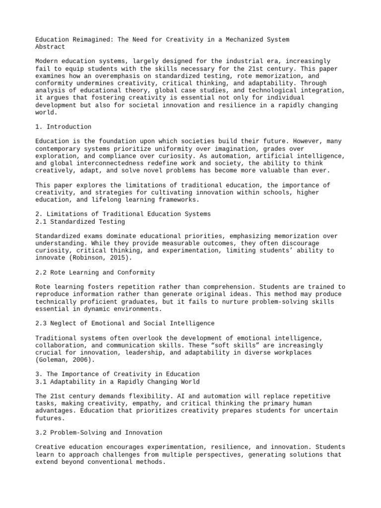 Education Reimagined The Need For Creativity in A System | PDF ...