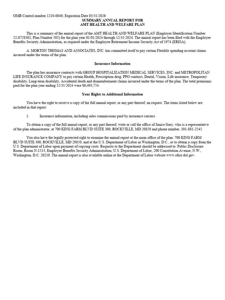 2024 Summary Annual Report Amt Health and Welfare Plan | PDF