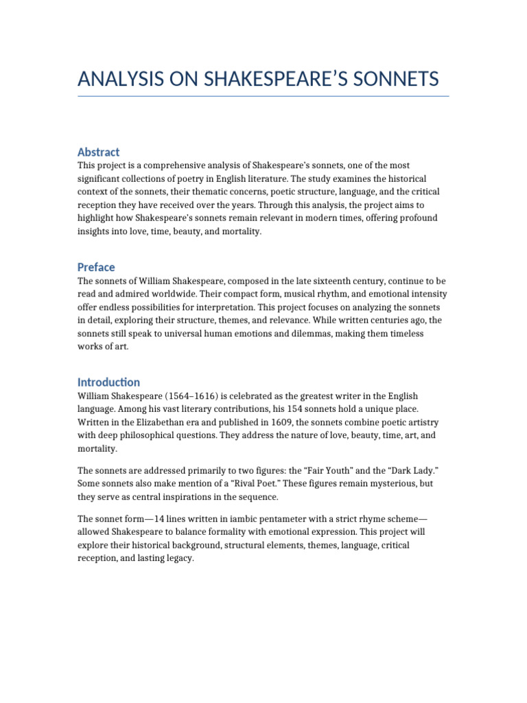 Analysis On Shakespeares Sonnets Final | PDF | Shakespeare's Sonnets ...