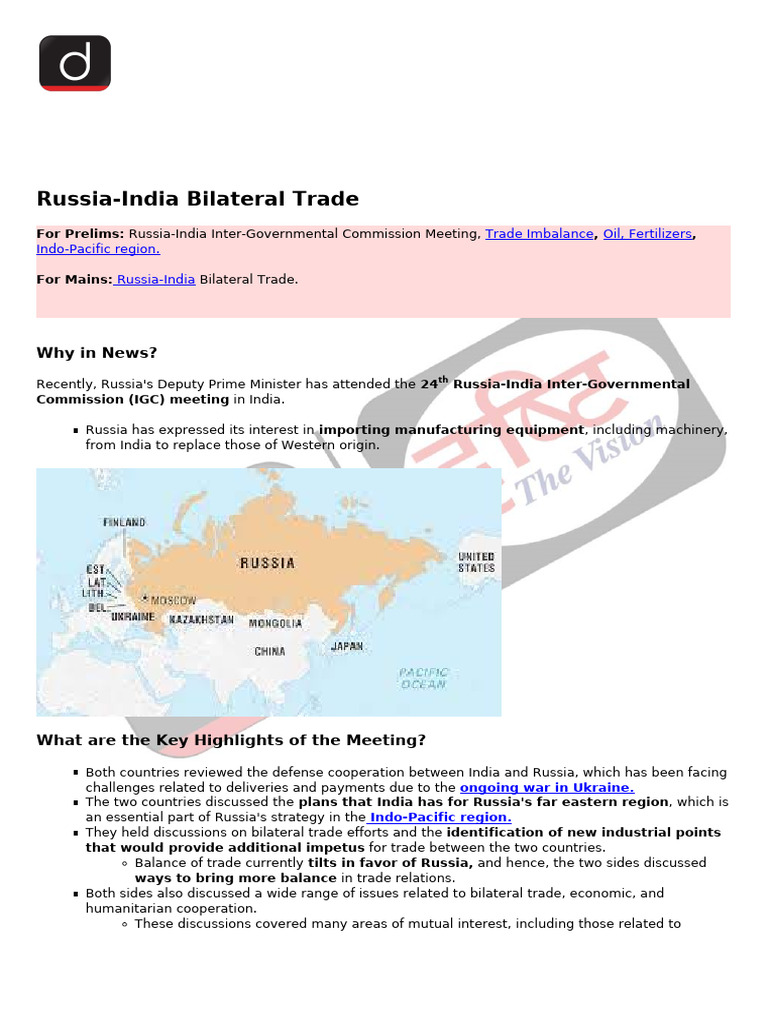 Russia India Bilateral Trade | PDF | Balance Of Trade | Russia