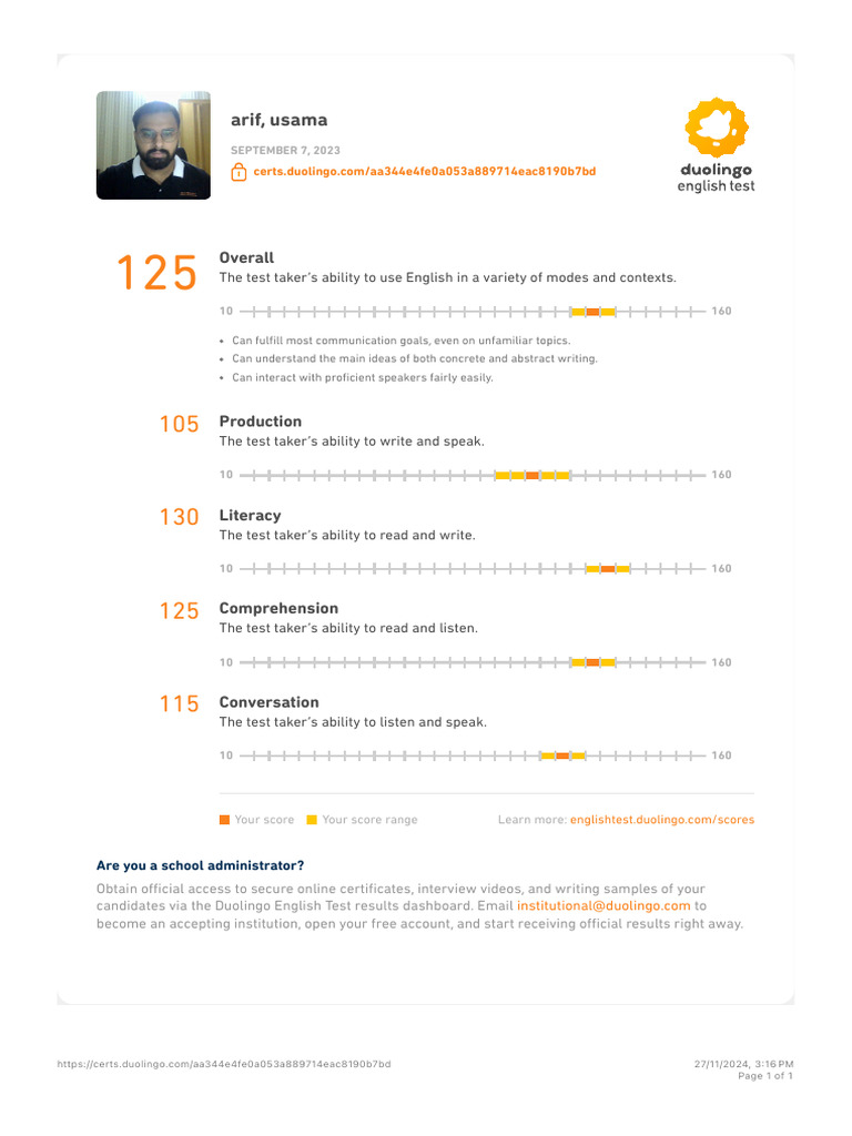 Duolingo English Test Score Report | PDF