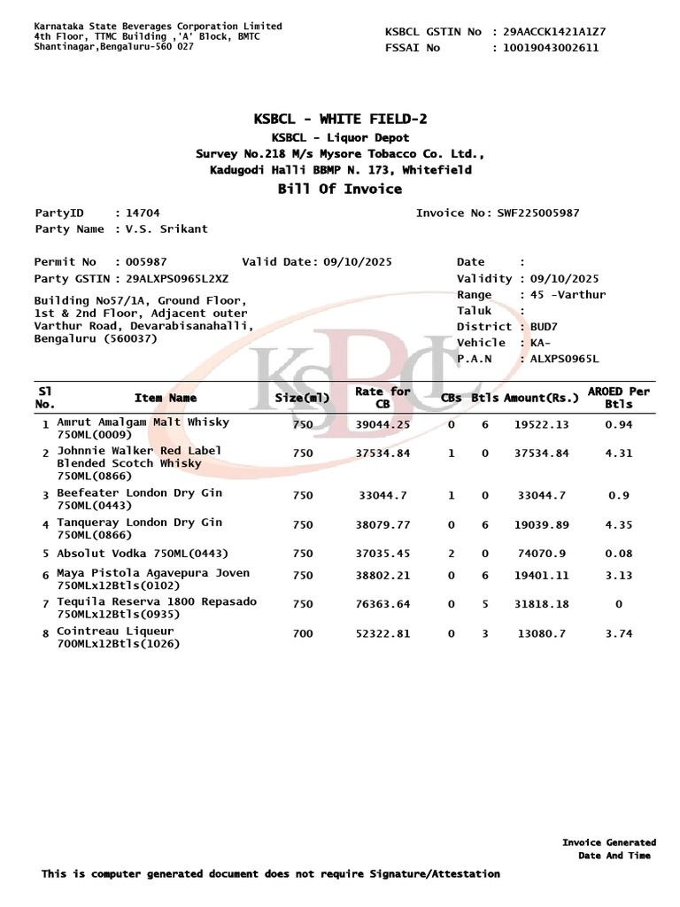 KSBCL Price List Invoice 2025 | PDF | Drink | Whisky