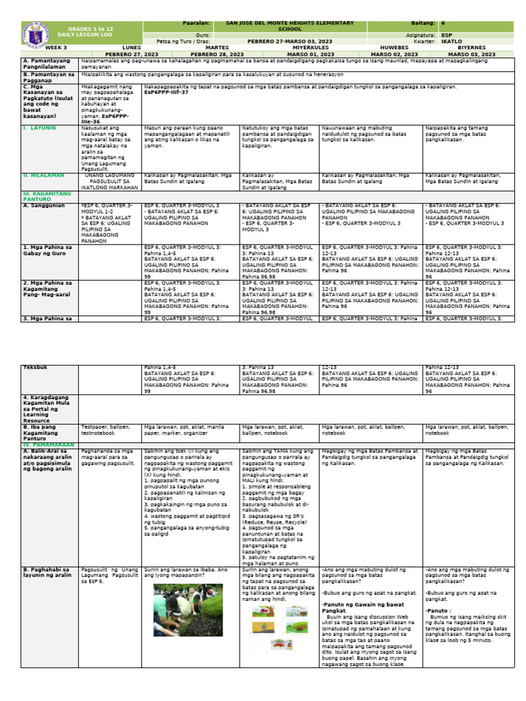 DLL - Edukasyon Sa Pagpapakatao ESP 6 - Q3 - W3 | PDF