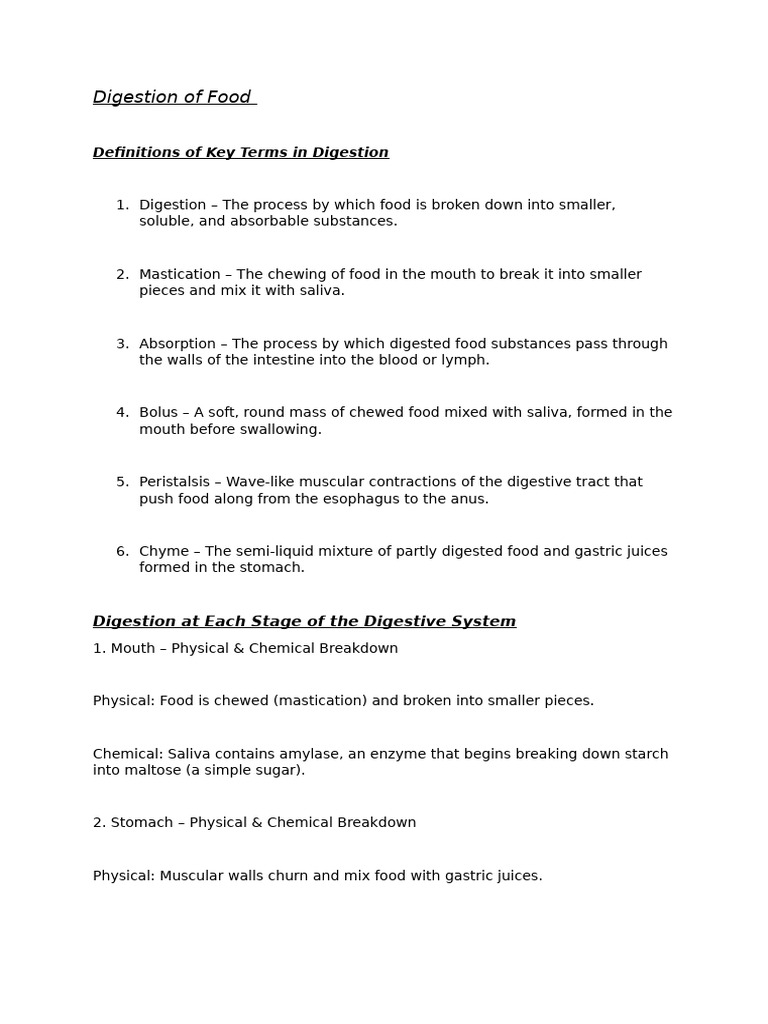 Digestion of Food Notes Grade 9 | PDF | Digestion | Human Digestive System