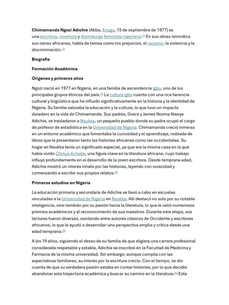 Biografía de Chimamanda Ngozi Adichie | PDF
