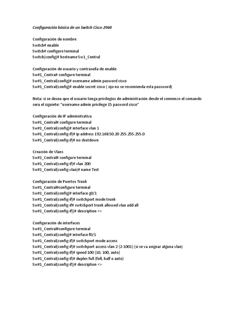 Configuración Básica de Un Switch Cisco 2960 | PDF | Infraestructura de Telecomunicaciones ...