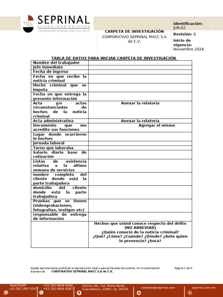 JUR-02 Tabla para Recabar Información Iniciar Carpeta de Investigación ...