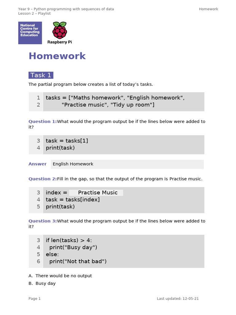 L2 Homework - Python Programming With Sequences of Data - Y9 | PDF | Computer Science | Software ...