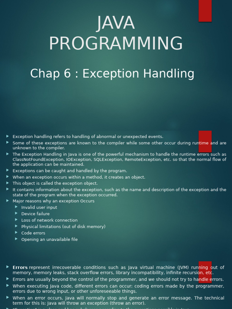 Chap-6 Exception Handling | PDF | Java (Programming Language) | Variable (Computer Science)