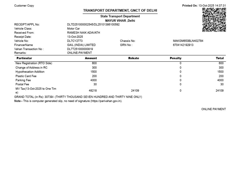 Delhi Motor Car Registration Receipt | PDF