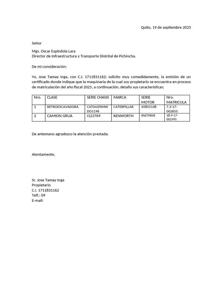 Modelo Solicitud, Certf Tamay | PDF